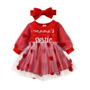 infant toddler baby girls valentine's day outfit long sleeve heart lace tulle tutu dress princess festival 2ps(red, 9-12 months)