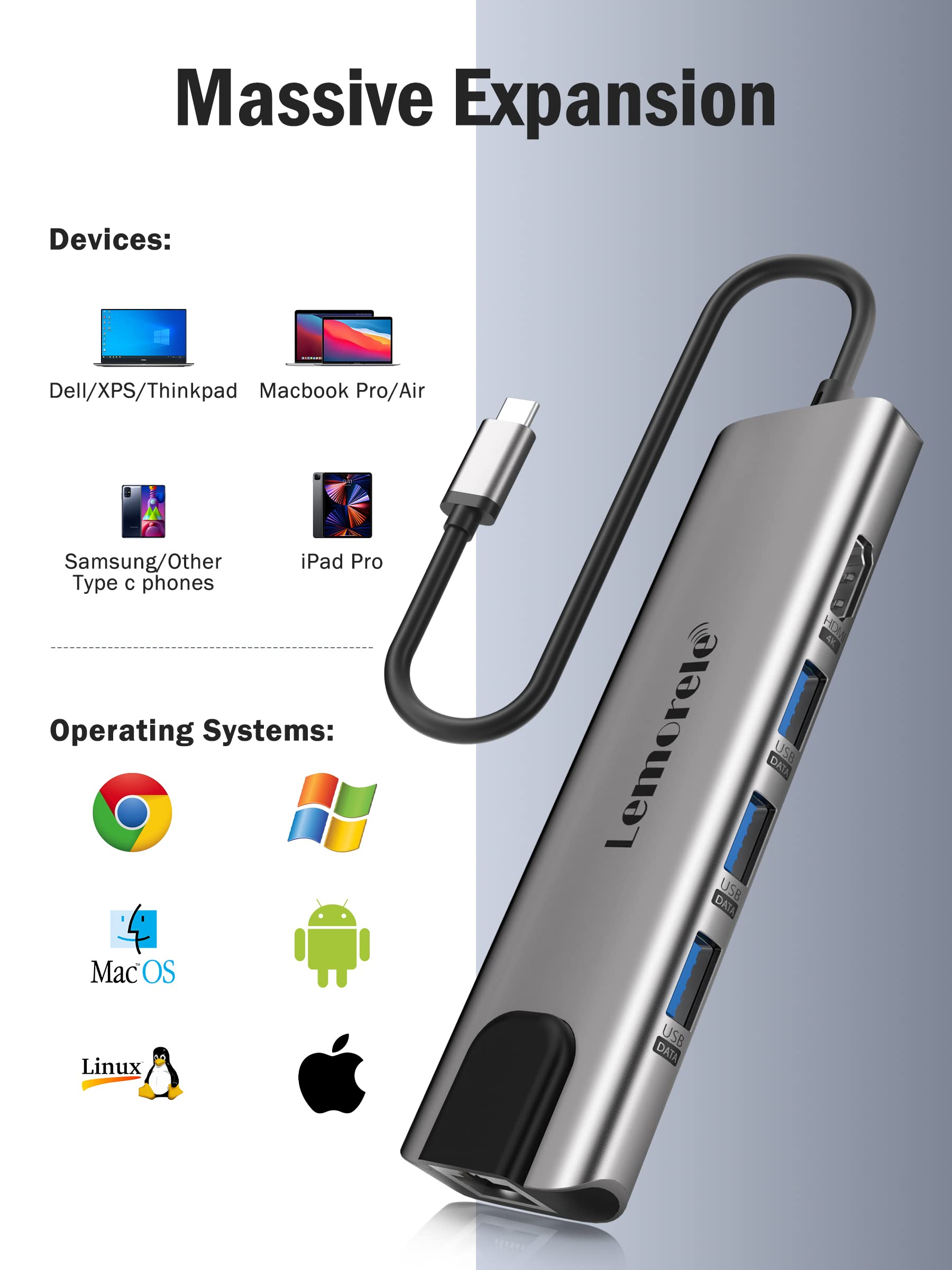 Lemorele USB C Hub Multiport Adapter 9 in 1 w/Gigabit Ethernet, 100W PD, HDMI 4K, 3 USB 2.0, 5Gbps USB C Data Port, SD/TF Card Reader, Dongle Docking Station for MacBook Lenovo HP Dell Laptops