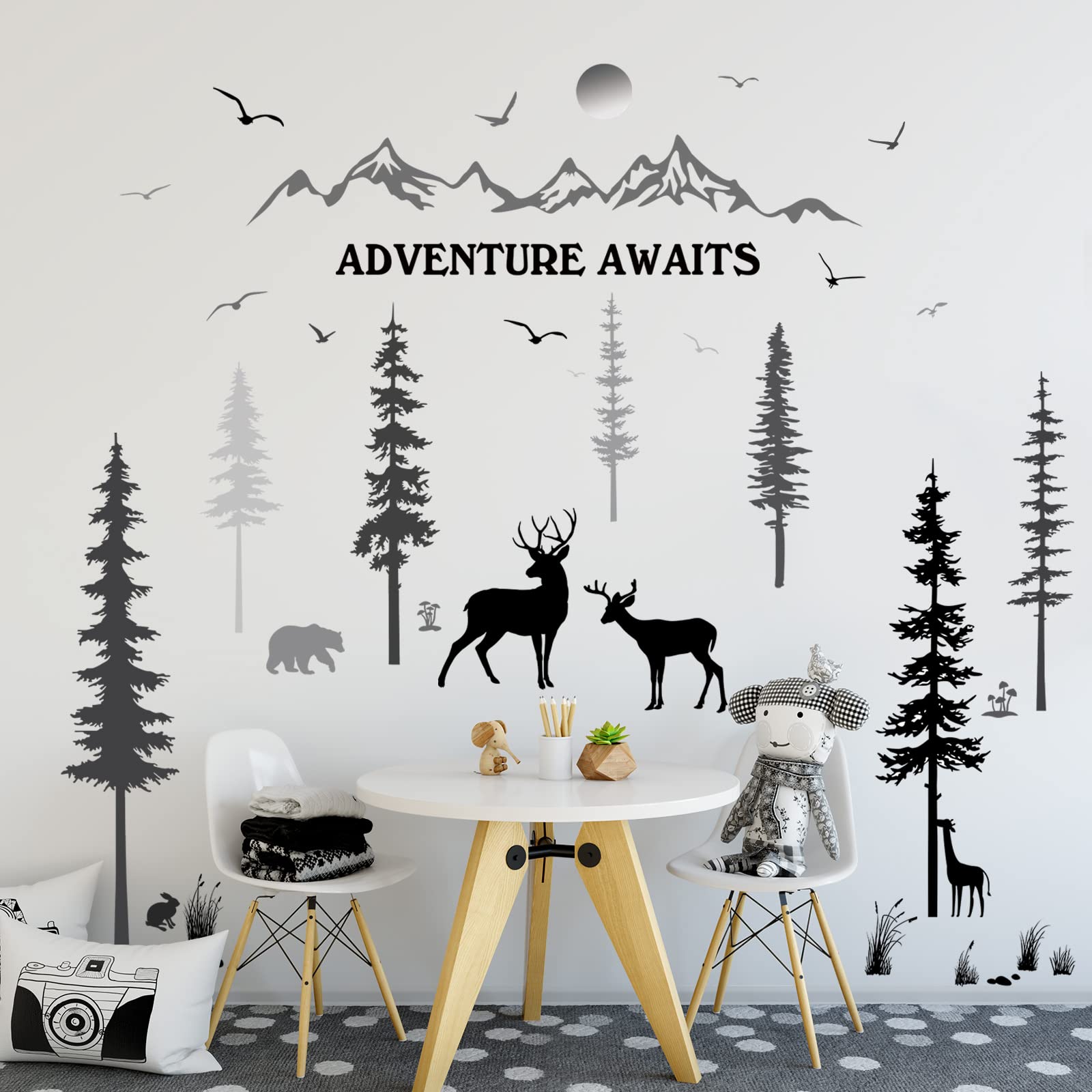 Prabahdak 3 Sheets Woodland Nursery Wall Decals Forest Deers Wall Stickers Bears Pine Tree Wall Decals Inspirational Quote Mountain Animal Sun Wall Stickers DIY Wall Decals for Kids' Room