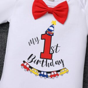 Baby Boy First Birthday Cake Smash Outfit My 1st Birthday Party Photo Shooting Props Gentleman Bow Tie Cotton Short Sleeve Romper Bodysuit Y-Back Suspenders Shorts Pants 3pcs Set Red 12-18 Months