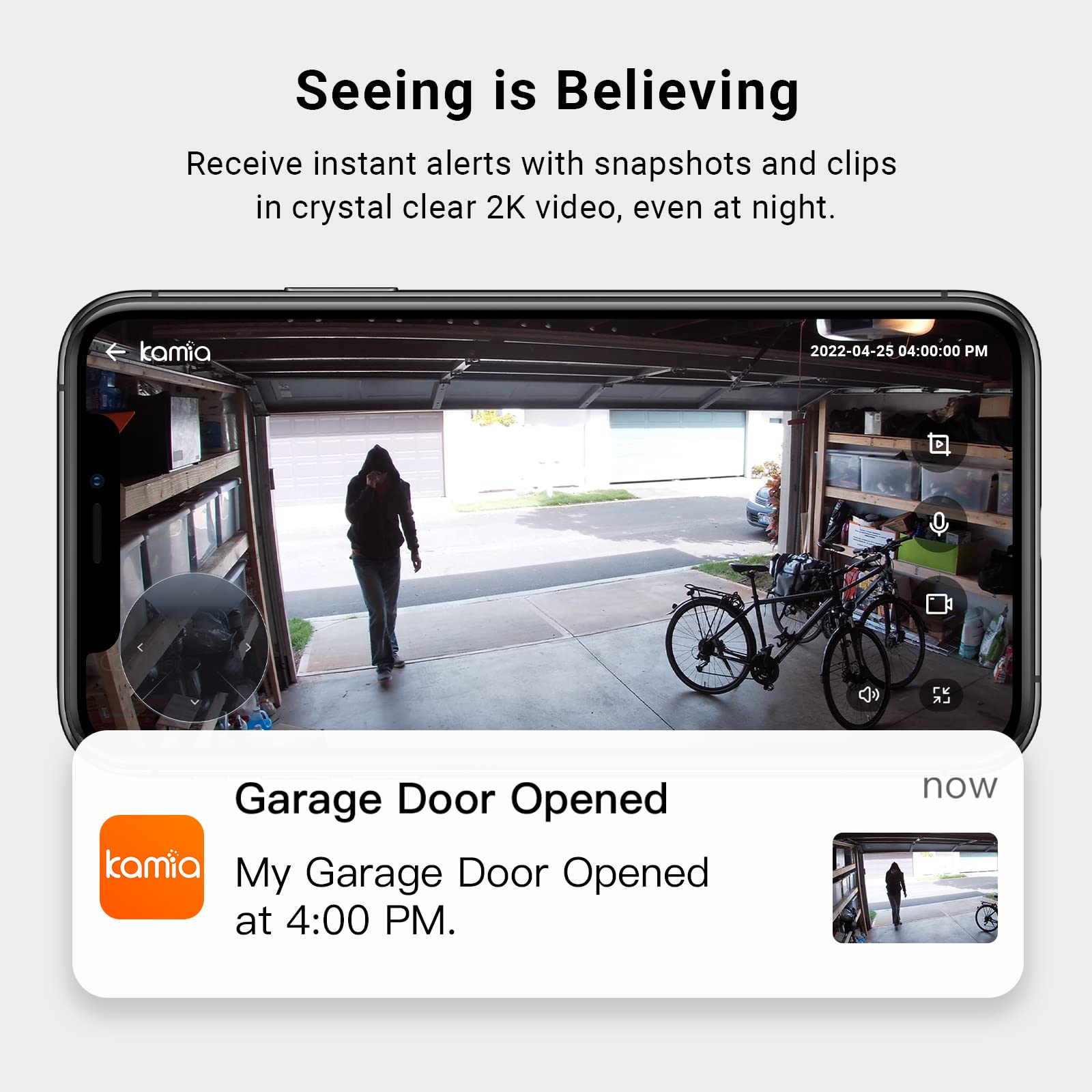 Kamia Garage Camera, 2K Indoor Camera, 2 Doors Open/Close/Overtime Alert, Ask Alexa About Your Garage Door, Night Vision, WiFi 2-Way Audio, No Subscription & Sensor Needed, 360° Smart Security Camera