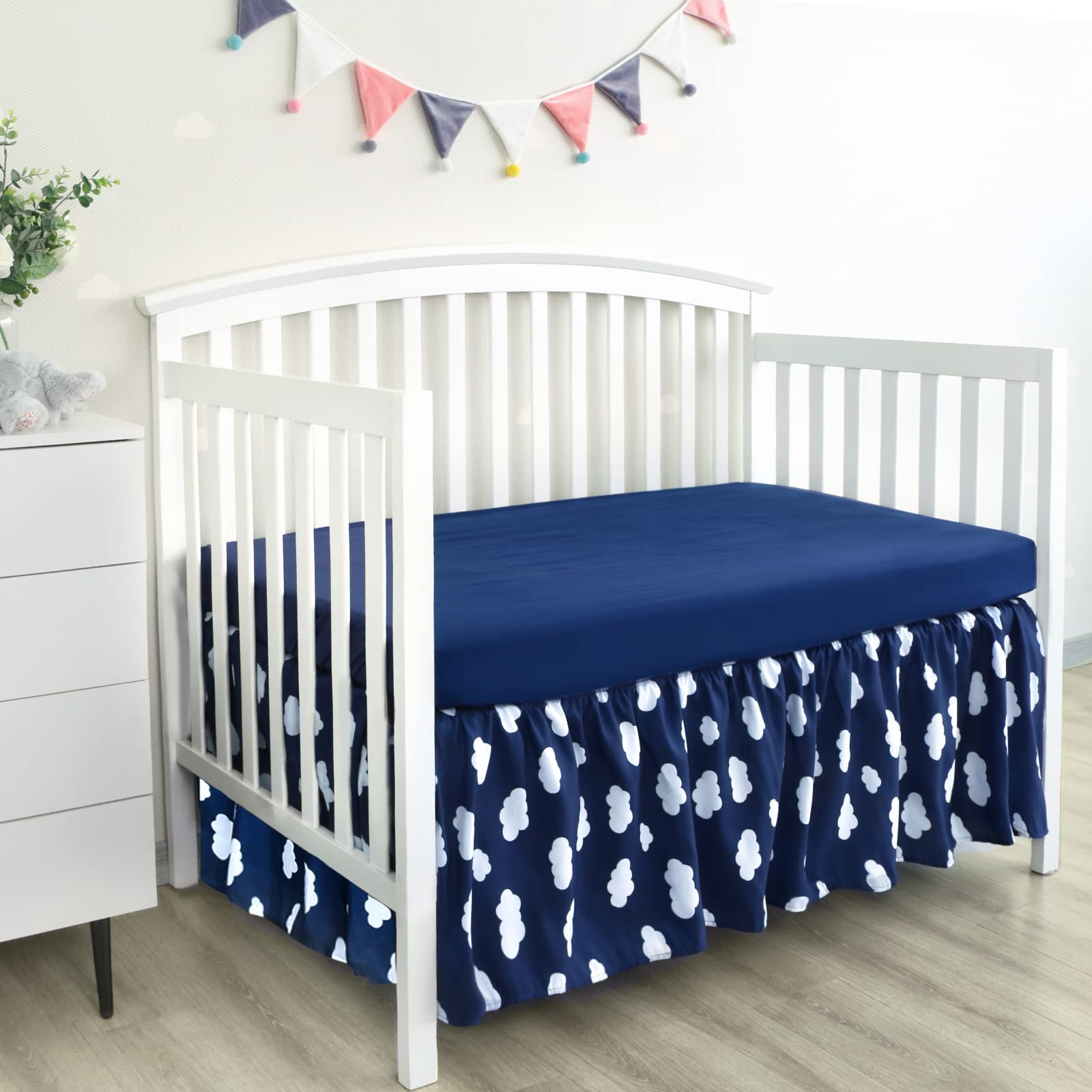 Crib Skirt Fit Standard Crib or Toddler Bed with Adjustable Straps Easy On/Off Pleated Dust Ruffled up to 14" Drop Cute Print for Girls and Boys Crib Bed Skirt Machine Washable