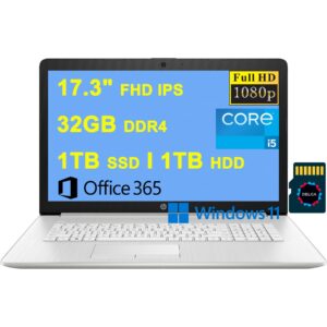 hp 17 premium business laptop i 17.3'' fhd ips display 100% srgb 300 nits 11th intel 4-core i5-1135g7 (>i7-1065g7) 32gb ddr4 1tb ssd + hdd hdmi office365 win11 silver microsd card (hp laptop)