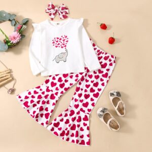 Eadrioss 3Pcs Baby Girl Valentine's Day Clothes Sets Ruffle Long Sleeve Top Heart Print Flared Pants Little Valentines Outfits (White, 2-3T)