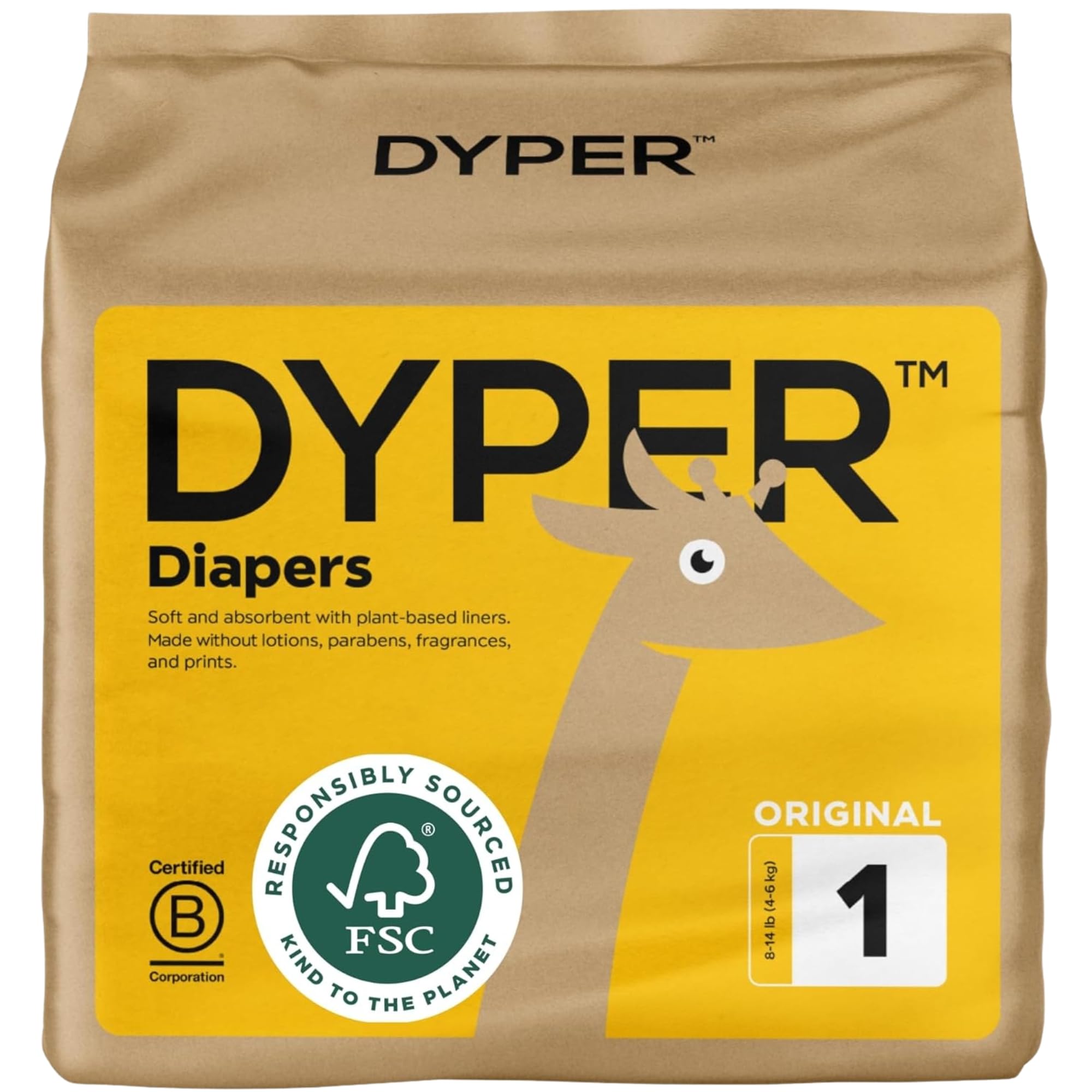 DYPER Baby Diapers Size 1 | Honest Ingredients | Cloth Alternative | Day & Overnight | Made with Plant-Based* Materials | Hypoallergenic