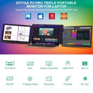 13.3” Portable Monitor for Laptop, OFIYAA P2 Pro Triple Laptop Monitor Screen, External Dual Monitor for 13”-16.5” Mac Windows Chrome Laptop, Supports MacBook PC