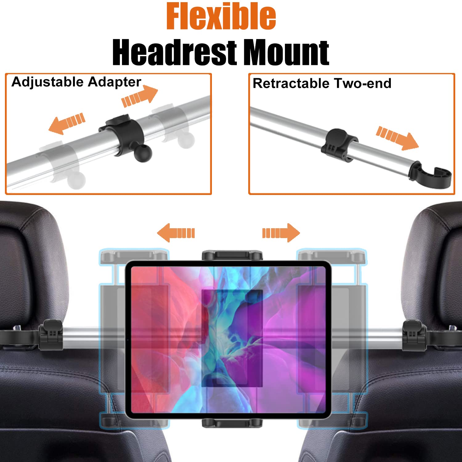 Kolasels Retractable Headrest Tablet Holder, Black, Compatible with iPad, iPhone, Samsung Galaxy Tab, and Other Devices