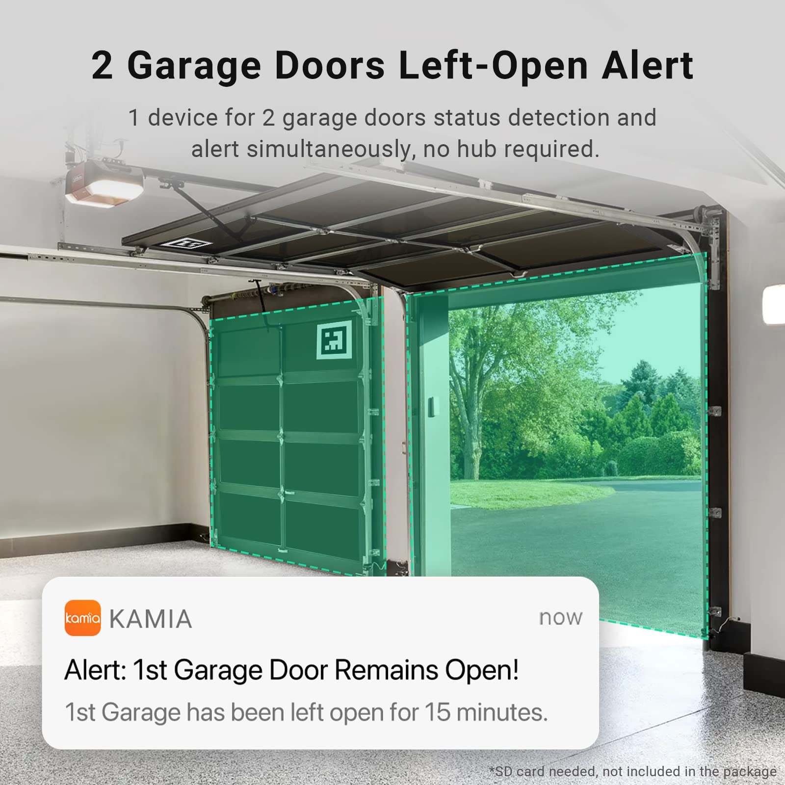 Kamia Garage Camera, 2K Indoor Camera, 2 Doors Open/Close/Overtime Alert, Ask Alexa About Your Garage Door, Night Vision, WiFi 2-Way Audio, No Subscription & Sensor Needed, 360° Smart Security Camera