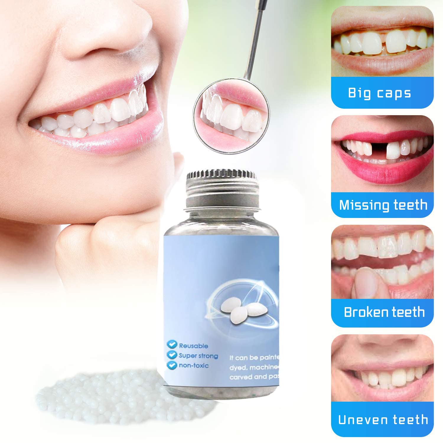 Tooth Repair Kit, Moldable False Teeth Thermal Fitting Beads,Temporary Filling Broken Teeth Gap for Snap On Instant and Confident Smile, Denture Adhesive