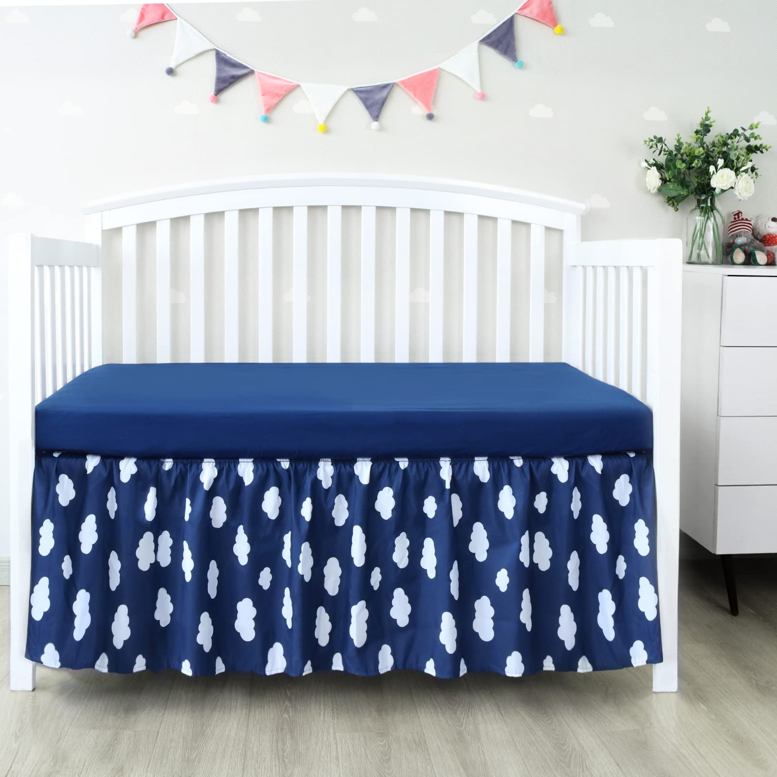 Crib Skirt Fit Standard Crib or Toddler Bed with Adjustable Straps Easy On/Off Pleated Dust Ruffled up to 14" Drop Cute Print for Girls and Boys Crib Bed Skirt Machine Washable