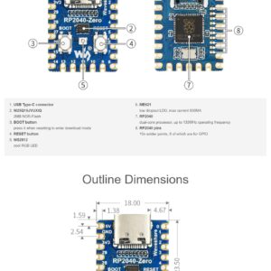 Coolwell RP2040-Zero Based On Raspberry Pi Microcontroller RP2040, Low-Cost, High-Performance Pico-Like MCU Board, USB-C Connector with Pre-soldered Header