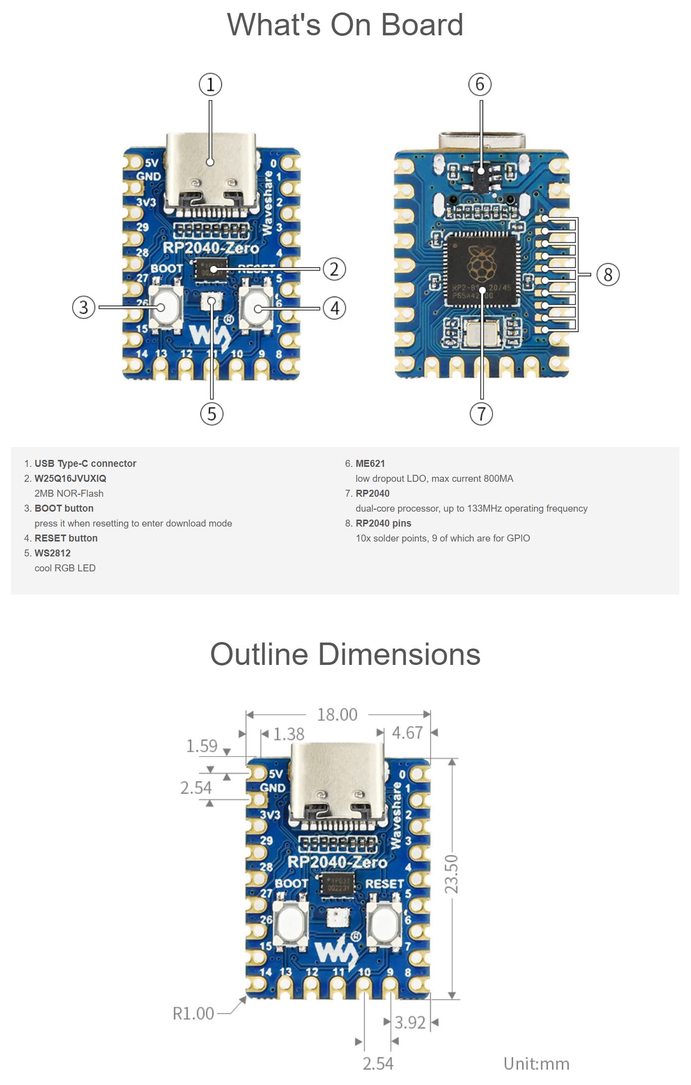 Coolwell RP2040-Zero Based On Raspberry Pi Microcontroller RP2040, Low-Cost, High-Performance Pico-Like MCU Board, USB-C Connector with Pre-soldered Header