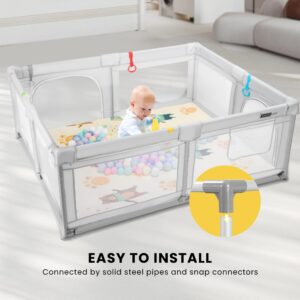 VIVOHOME Large Baby Playpen with Mat, Ocean Balls, Net Basket and Pull Rings, Safety Play Center Yard with Gate for Kids Activity Center, Light Gray