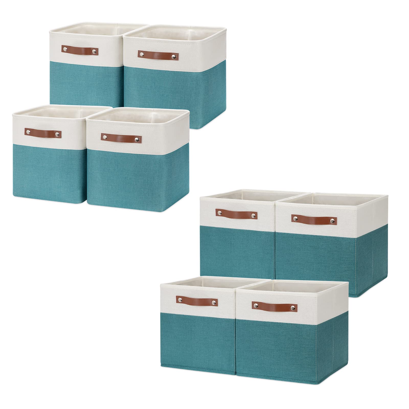 HNZIGE Fabric Storage Cube Bins Baskets for Organizing, 11 inch Cube Storage Bins, Set of 8, Collapsible Storage Bin with Handles, Closet Organizers and Storage Home Toy Nursery Bedroom(White Teal)