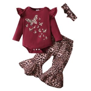 miekisa baby girls leopard flared pants suit hair band free (red, 6-9m)