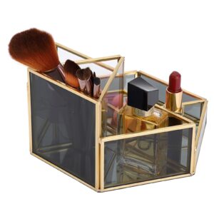 ELLDOO Multi-Functional Geometric Triangle Makeup Brush Holder, Gold Clear Black Glass Composite Hexagon Tray Jewery Organizer Nail Polish Skincare Perfume Lipstick Holder Storage for Dresser Bedroom