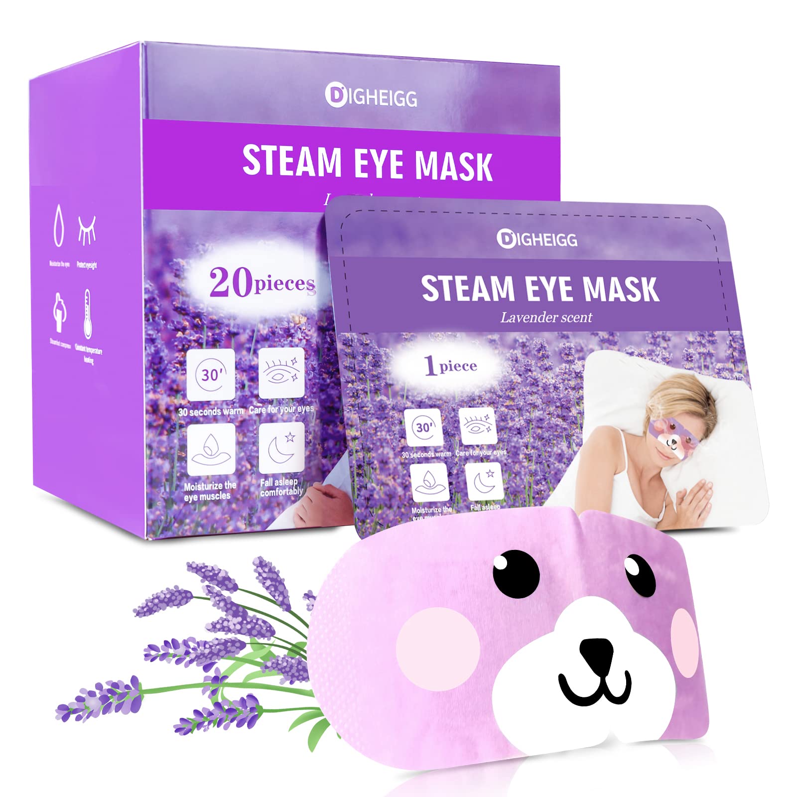 DIGHEIGG Steam Eye Mask for Dark Circles and Puffiness 20 Pcs, Lavender Disposable Eye Warm Compress for Dry Eyes, Soothing Headache Migraine, Stye Treatment, Relief Stress Eye Fatigue,21 Piece Set