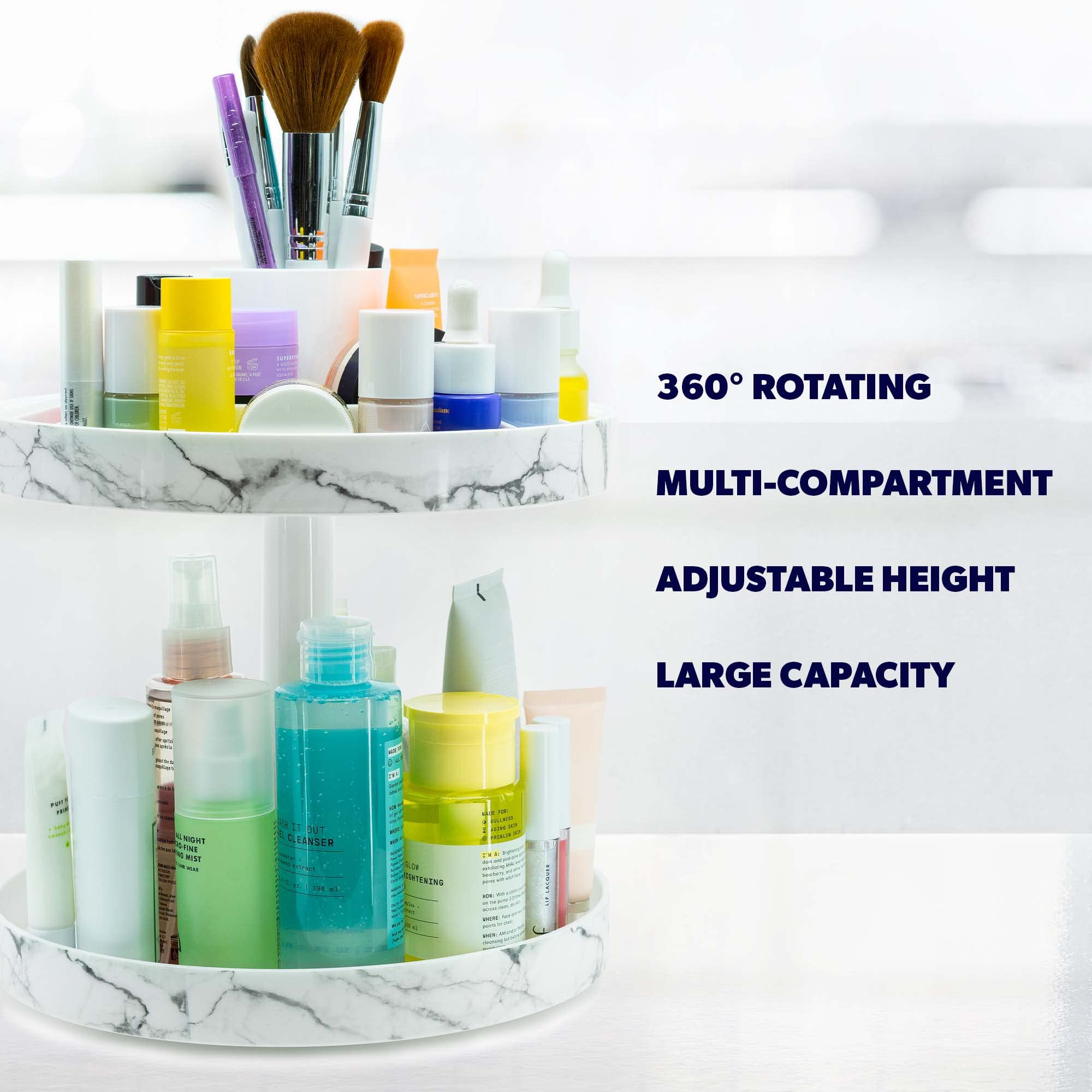 The Salon Project Makeup Organizer, 360 Degree Rotating Adjustable 2 Level Cosmetic Storage Display in White Marble - Fits Jewelry, Cosmetics, Makeup Brushes, Lotions, Skincare, and More.