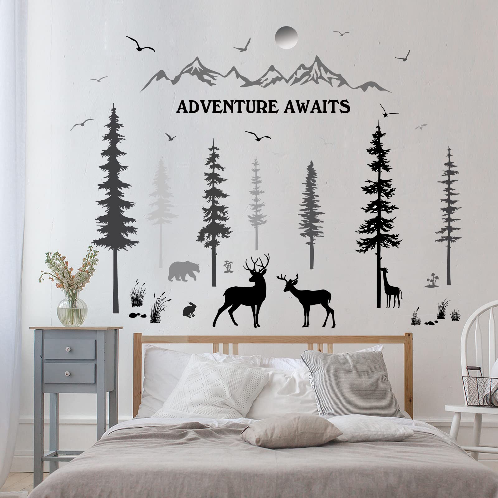 Prabahdak 3 Sheets Woodland Nursery Wall Decals Forest Deers Wall Stickers Bears Pine Tree Wall Decals Inspirational Quote Mountain Animal Sun Wall Stickers DIY Wall Decals for Kids' Room