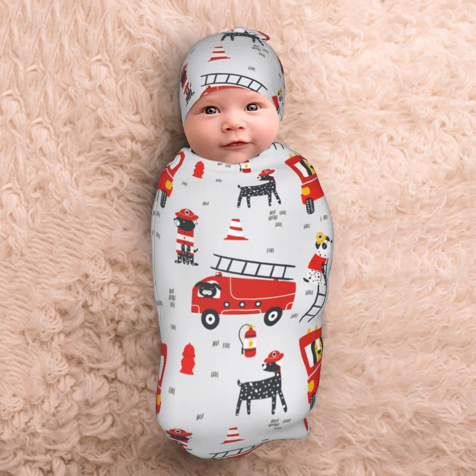 Rongyuan Dog Firefighter Newborn Baby Swaddle Blanket with Beanie Hat Sets Cute Printed Receiving Sleeping Bag, One Size