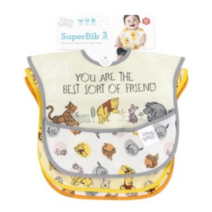 Bumkins Disney Bibs for Girl or Boy, SuperBib Baby and Toddler 6-24 Months, Essential Must Have for Eating, Feeding, Baby Led Weaning, Mess Saving Waterproof Soft Fabric, 3-pk Pooh Bear and Friends