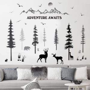 Prabahdak 3 Sheets Woodland Nursery Wall Decals Forest Deers Wall Stickers Bears Pine Tree Wall Decals Inspirational Quote Mountain Animal Sun Wall Stickers DIY Wall Decals for Kids' Room