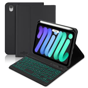 boriyuan ipad mini 7th gen 2024 (a17 pro) & ipad mini 6 keyboard case 2021, detachable wireless keyboard, 7 color backlit, slim folio cover with pencil holder for ipad mini 7th/6th gen 8.3 inch black