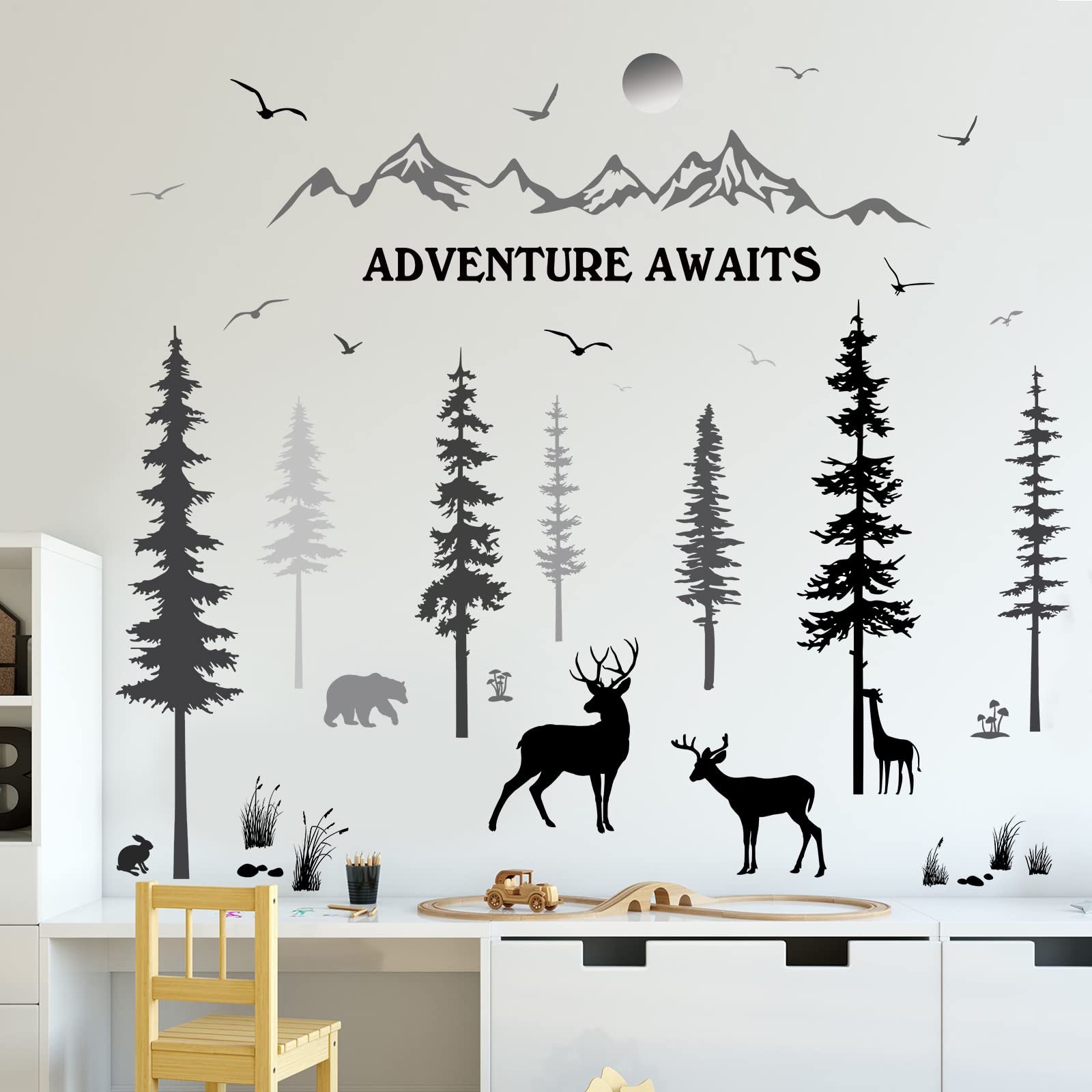 Prabahdak 3 Sheets Woodland Nursery Wall Decals Forest Deers Wall Stickers Bears Pine Tree Wall Decals Inspirational Quote Mountain Animal Sun Wall Stickers DIY Wall Decals for Kids' Room