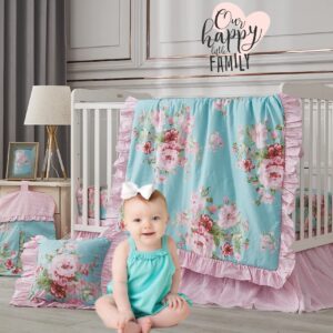 Brandream Baby Girls Crib Bedding Set Watercolor Botanical Floral Nursery Bedding Set Pink Green Blue Aqua Red Boho Farmhouse Country Princess Chic Rose Ruffle 3-Piece