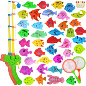 magnetic fishing game bath toys for kids ages 4-8, 2 fishing poles 2 fishing nets and 38 floating magnet ocean sea animals bathtub toys for kids toddlers toys