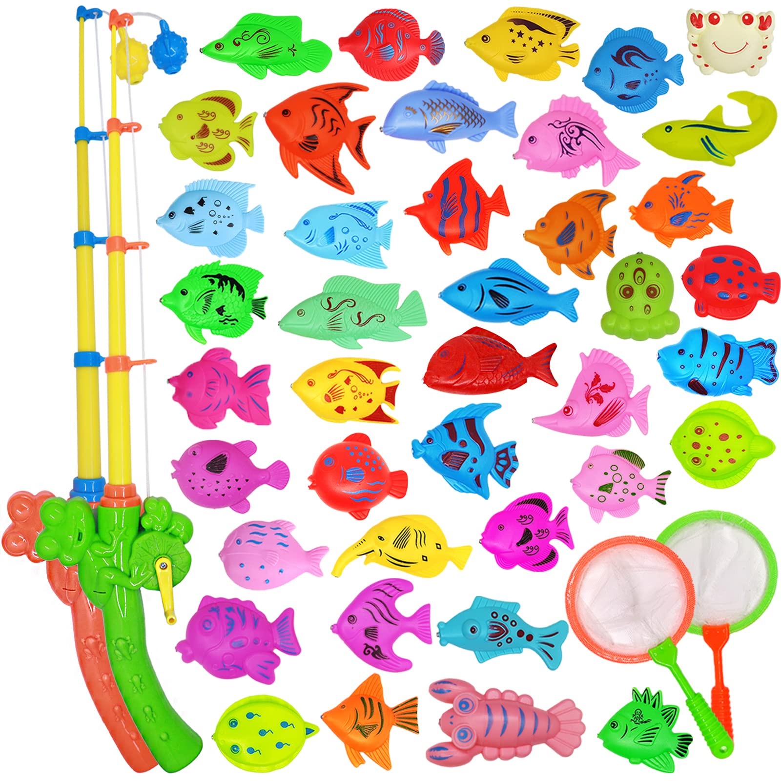 Magnetic Fishing Game Bath Toys for Kids Ages 4-8, 2 Fishing Poles 2 Fishing Nets and 38 Floating Magnet Ocean Sea Animals Bathtub Toys for Kids Toddlers Toys