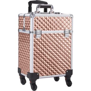 yaheetech rolling makeup train case professional aluminum cosmetic case large storage makeup trolley with 4 detachable removable wheels, 4 trays and 1 cubby with sliding rail - holographic gold