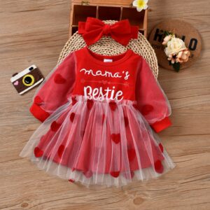 Infant Toddler Baby Girls Valentine's Day Outfit Long Sleeve Heart Lace Tulle Tutu Dress Princess Festival 2ps(Red, 9-12 Months)