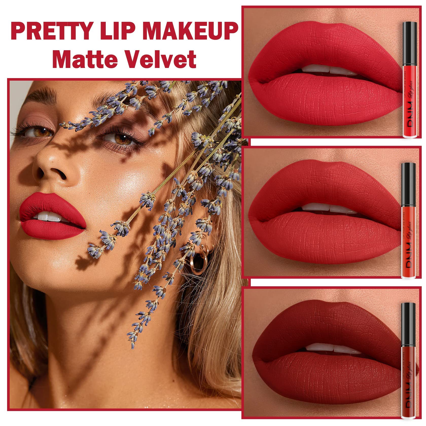 AMY'S DIARY 3Pcs Dark Red Matte 24 hour Liquid Lipstick Sets,Matte Lip Stain Long Lasting 24 Smudge Waterproof Lip Gloss Gift Makeup Set Lipstick for Women Lippies (06)