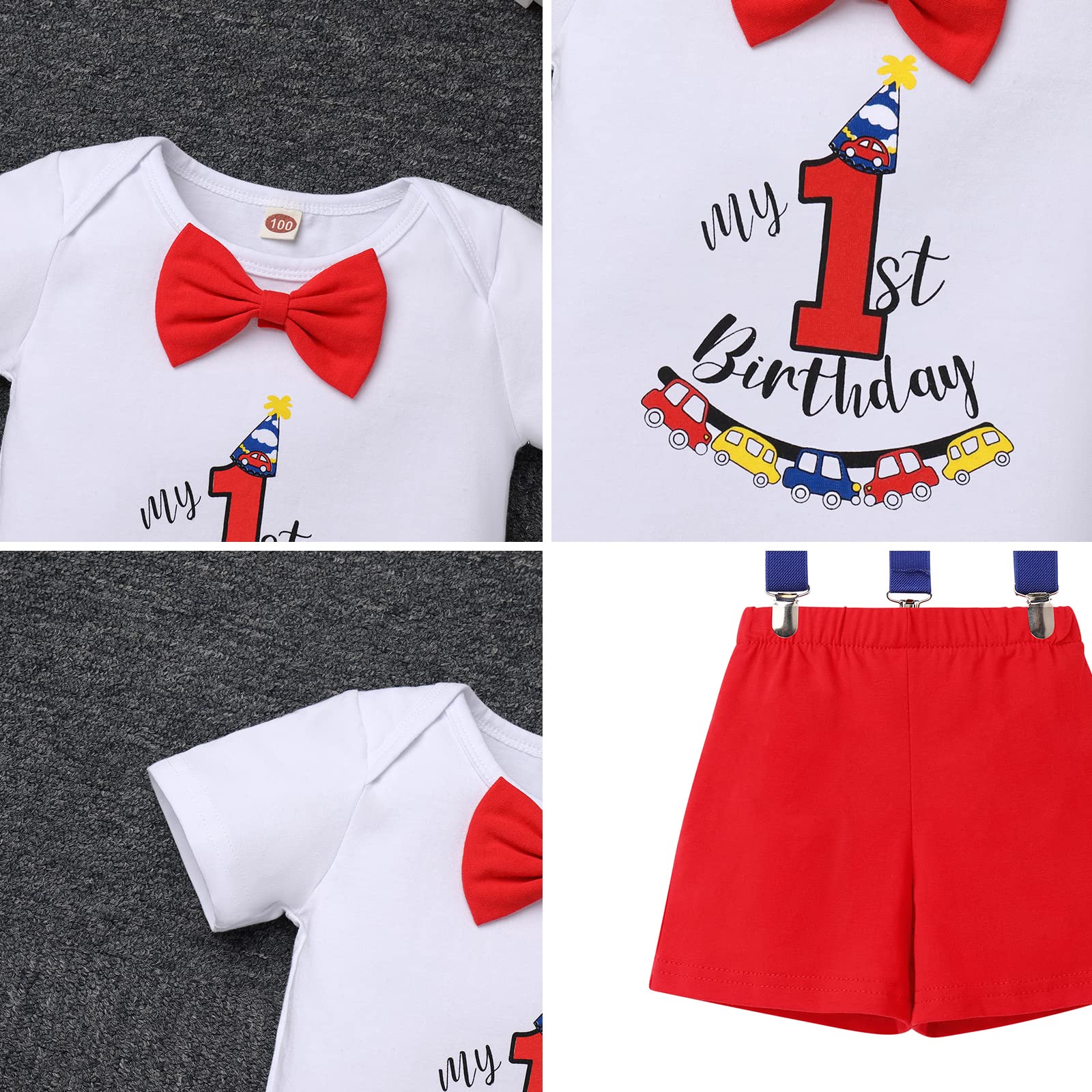 Baby Boy First Birthday Cake Smash Outfit My 1st Birthday Party Photo Shooting Props Gentleman Bow Tie Cotton Short Sleeve Romper Bodysuit Y-Back Suspenders Shorts Pants 3pcs Set Red 12-18 Months