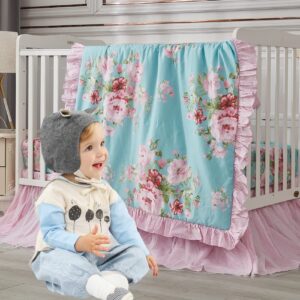 brandream baby girls crib bedding set watercolor botanical floral nursery bedding set pink green blue aqua red boho farmhouse country princess chic rose ruffle 3-piece