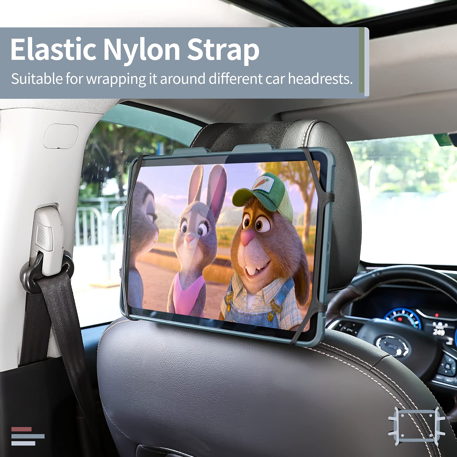 MoKo Universal Headrest Tablet Mount Holder, Adjustable Anti-Slip Strap Car Back Seat Tablet Support for Kids Detachable Stand for 7"-11" Tablets Fits iPad 9 10.2"/Pro 11"/Air 4, Mini 6, Switch, Black