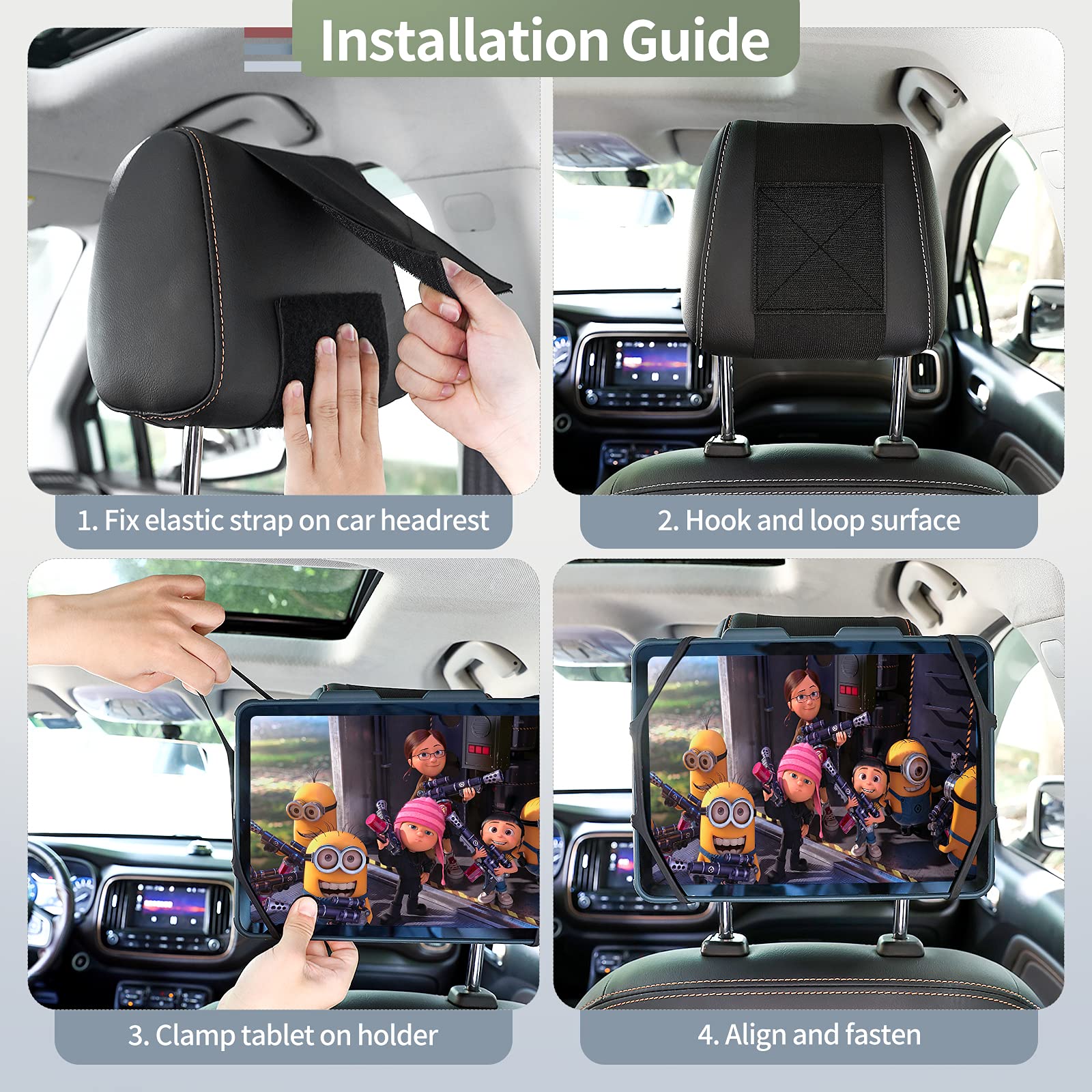 MoKo Universal Headrest Tablet Mount Holder, Adjustable Anti-Slip Strap Car Back Seat Tablet Support for Kids Detachable Stand for 7"-11" Tablets Fits iPad 9 10.2"/Pro 11"/Air 4, Mini 6, Switch, Black