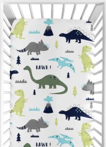 sweet jojo designs mod dino boy cotton fitted crib sheet baby or toddler bed nursery - navy blue green grey modern dinosaur dinosaurs 100% cotton