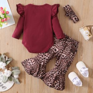 MIEKISA Baby Girls Leopard Flared Pants Suit Hair Band Free (Red, 6-9M)