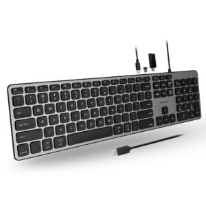 macally premium wired usb c keyboard with usb ports - connect up to 3 devices - (2x usb-a |1x usb-c ports) - wired keyboard for mac mini/pro, imac, macbook, ipad, and pc - full size type-c keyboard