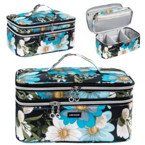 amoigee double layer makeup train case - travel bag organizer for makeup brushes, bottles, palettes, sponges and cosmetics