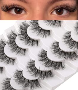 wispy lashes fluffy natural false eyelashes clear band eye lashes pack mink 15mm 5d volume strip fake eyelashes 7 pairs by geeneiya (5d15), 7.0 count