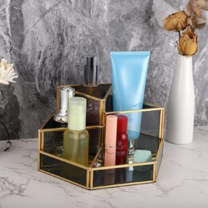 ELLDOO Multi-Functional Geometric Triangle Makeup Brush Holder, Gold Clear Black Glass Composite Hexagon Tray Jewery Organizer Nail Polish Skincare Perfume Lipstick Holder Storage for Dresser Bedroom