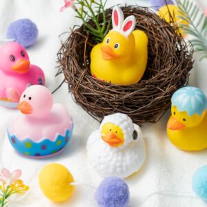 Haooryx 20Pcs Easter Rubber Duckies Toys, Novelty Yellow Rubber Ducks Bunny Bathtub Duck Baby Shower Float Ducky Decor Carnival Pinata Filler Class Rewards Basket Stuffing for Kids