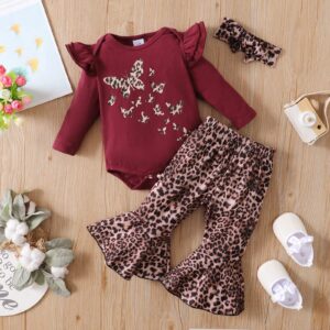 MIEKISA Baby Girls Leopard Flared Pants Suit Hair Band Free (Red, 6-9M)