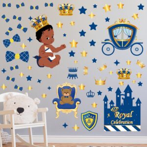 haooryx 72pcs royal prince wall decals sticker, royal blue vinyl decal wall stickers african american little prince boy baby shower birthday party decoration supplies waterproof nursery wall art decor