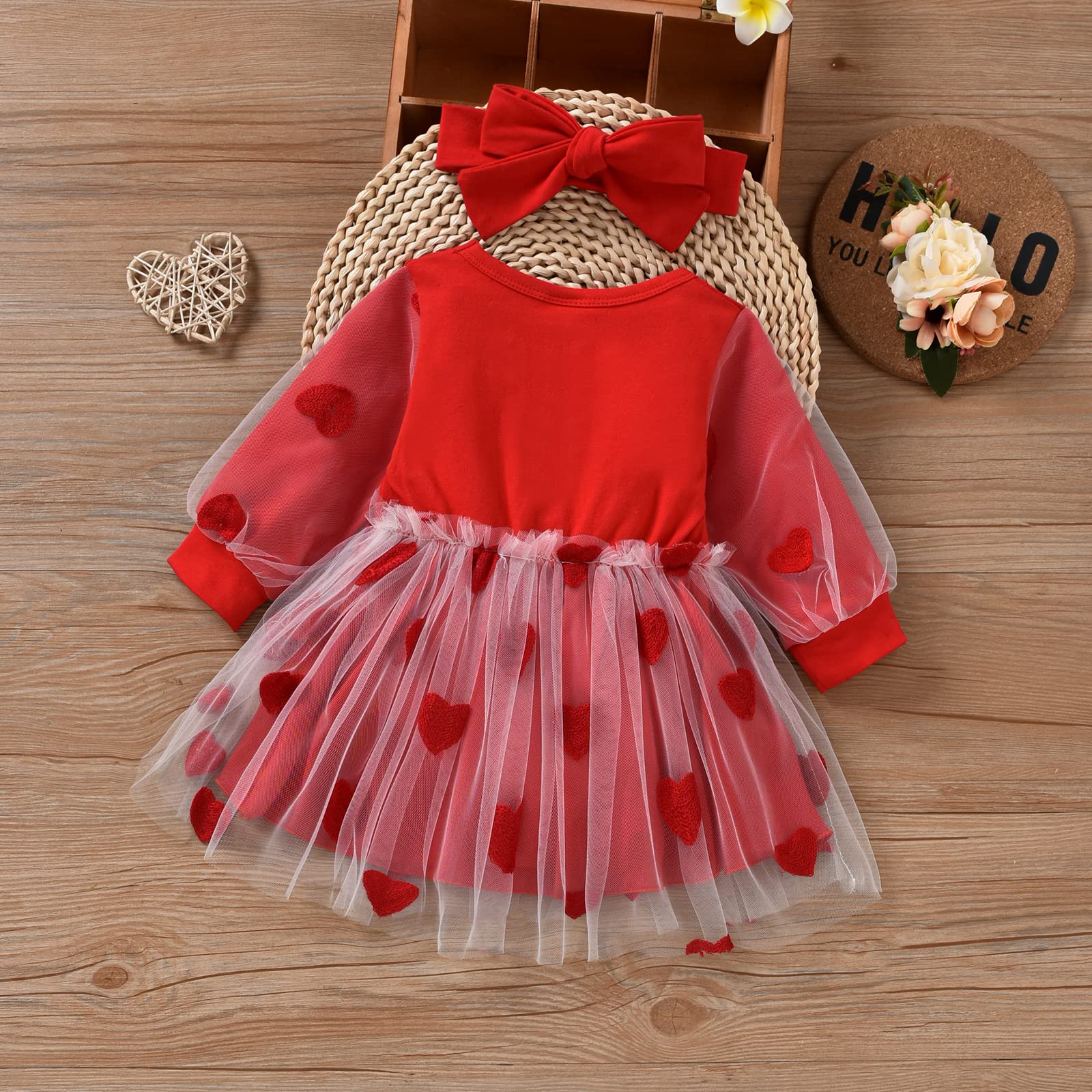 Infant Toddler Baby Girls Valentine's Day Outfit Long Sleeve Heart Lace Tulle Tutu Dress Princess Festival 2ps(Red, 9-12 Months)