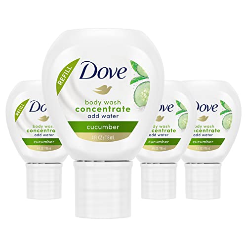 Dove Body Wash Concentrate Refill Cucumber 4 pack for use reusable bottle for Instantly Soft Skin and Lasting Nourishment 4 fl oz (makes 16 fl oz)