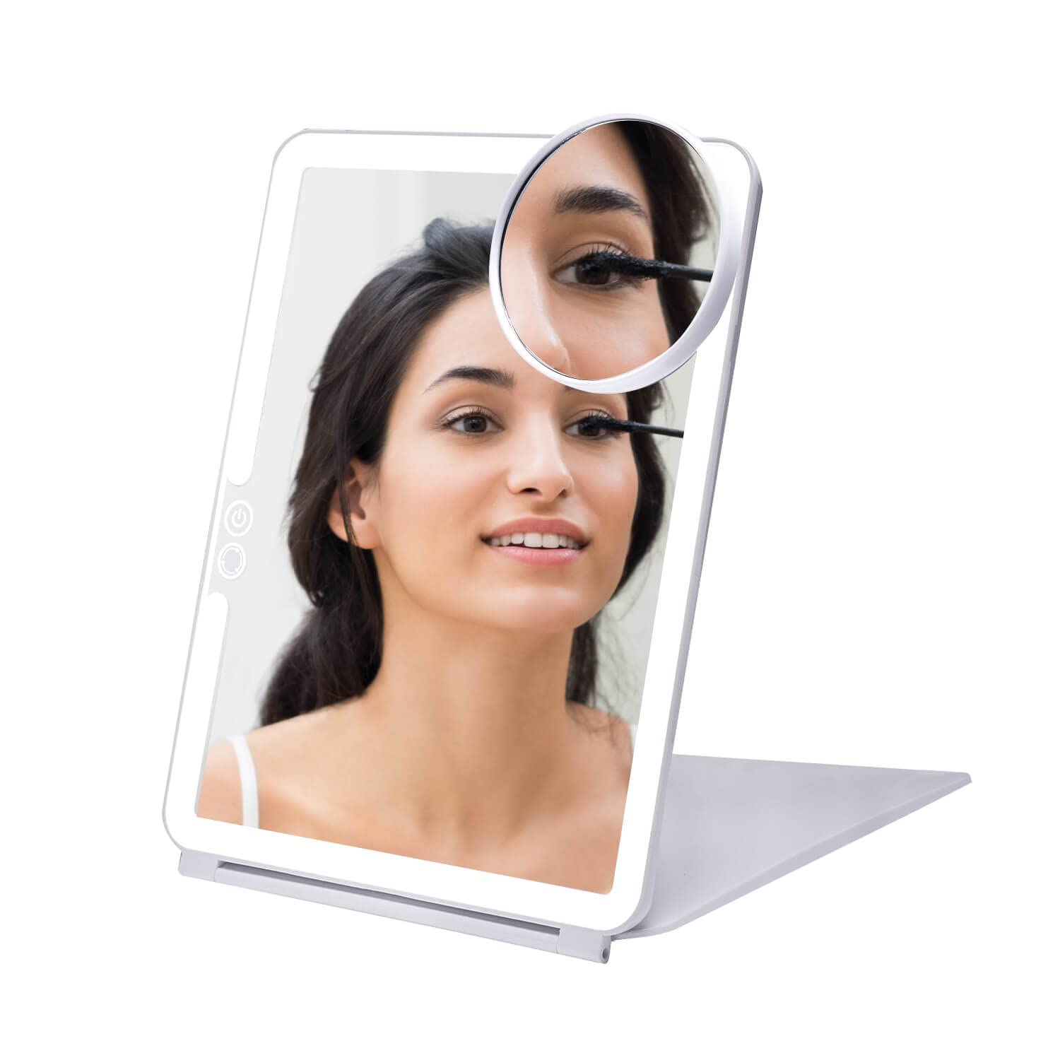 LED Foldable Tabletop Makeup Mirror for Travel, Cosmetic, Office - 7x9 inches,Portable, 3 Colors Light Modes USB Rechargeable Touch Screen, (White)